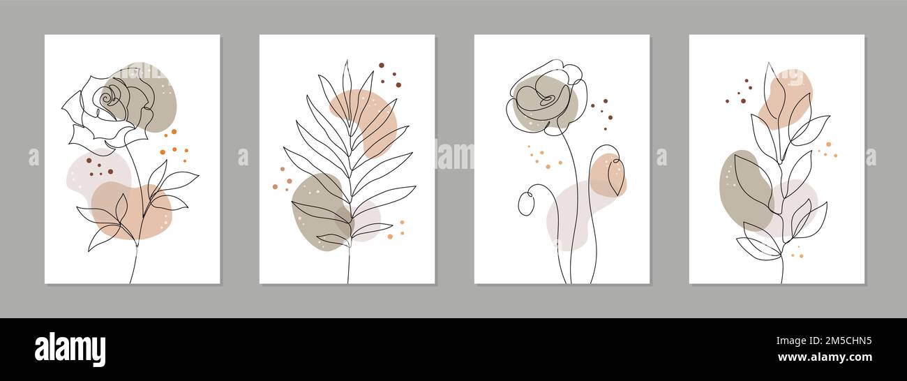One line art flower poster set. Single continuous line leaf, flower ...