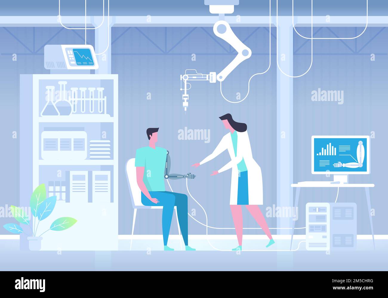 Man with bionic arm. Artificial hand. Science lab. Future medicine. Vector illustration Stock ...