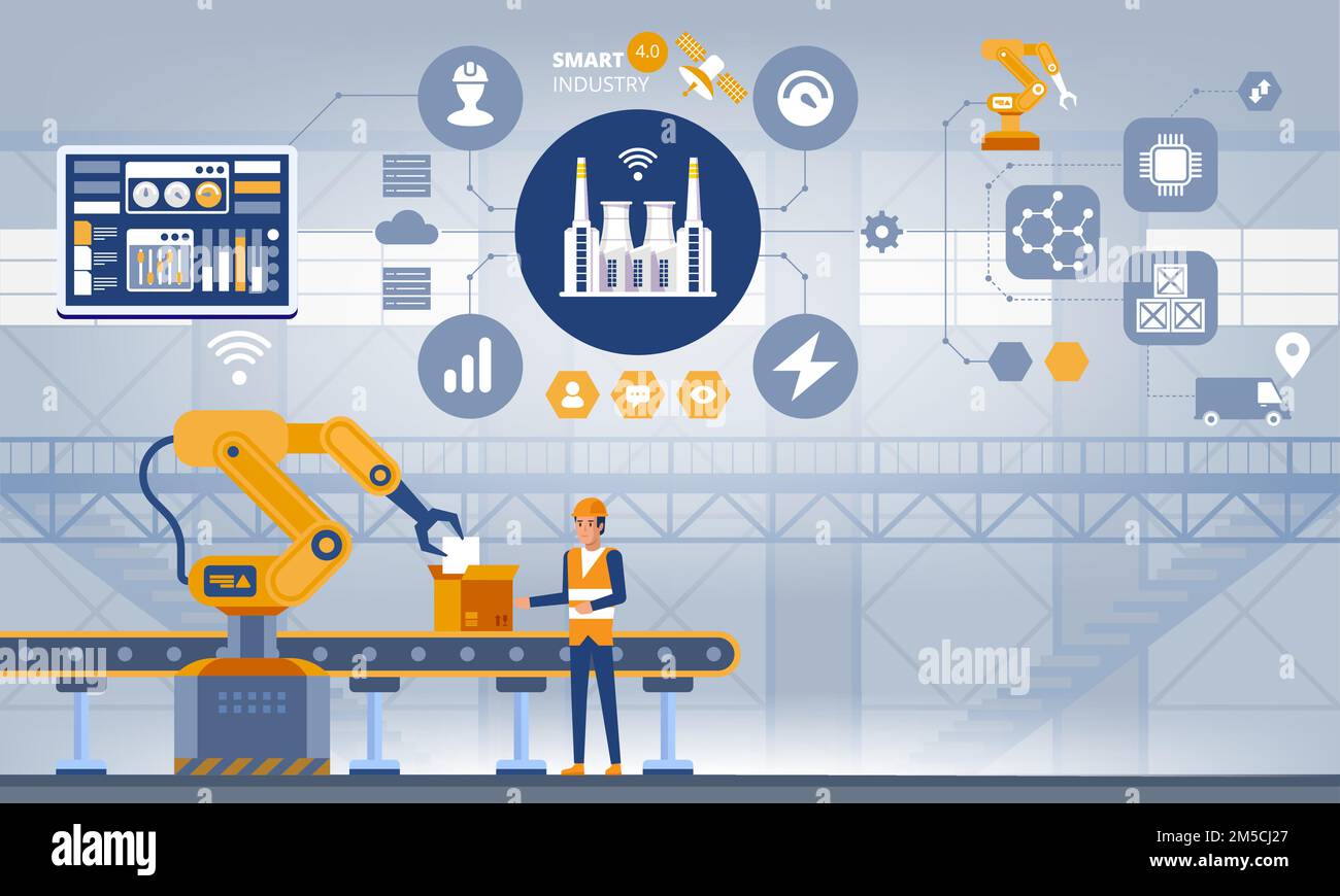 Industry 4.0 Smart factory concept. Workers, robot arms and assembly ...