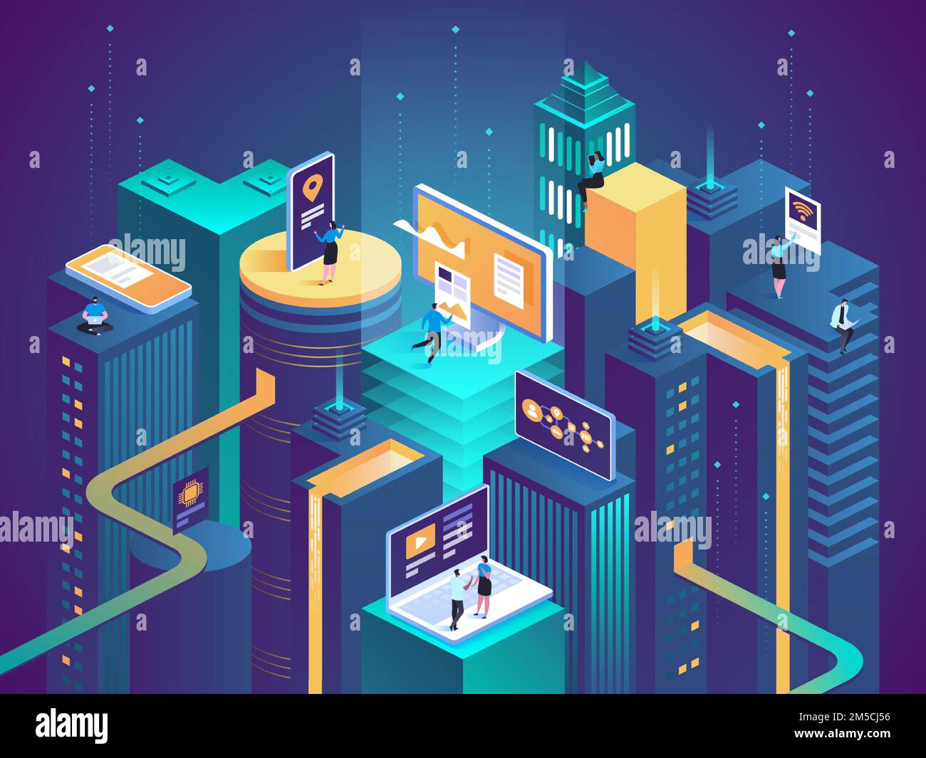Smart city isometric illustration. Intelligent buildings. Streets of ...