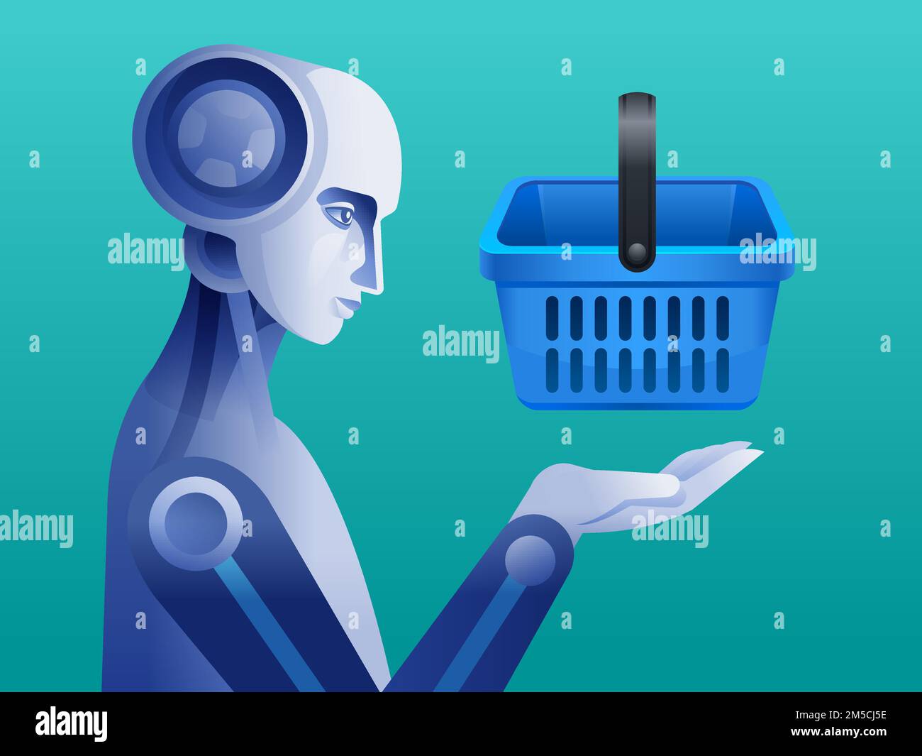 Robot with shopping cart. Personal robot housekeeper futuristic concept ...