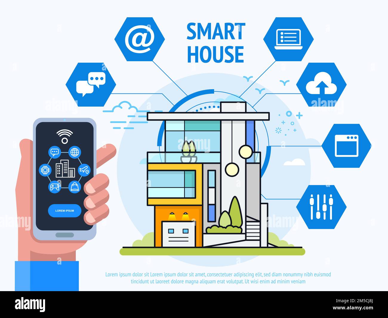 Smart House Technology Concept. Human hand holding smartphone with ...