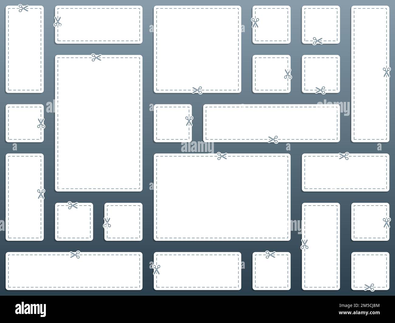 Blank white advertising coupons. Vector illustration of scissors cut ...