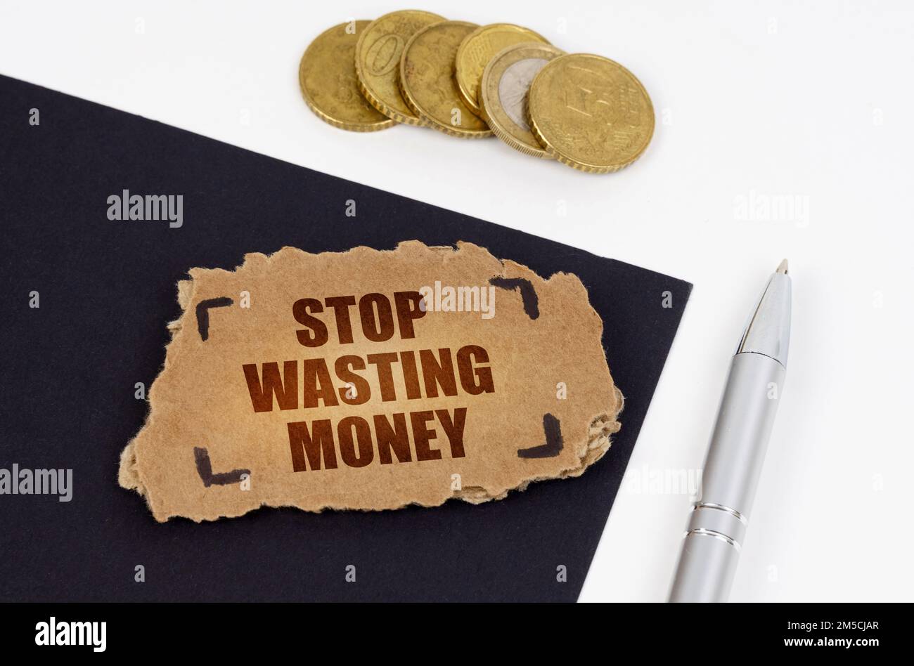 Business concept. On a black and white surface lies a pen, coins and a ...