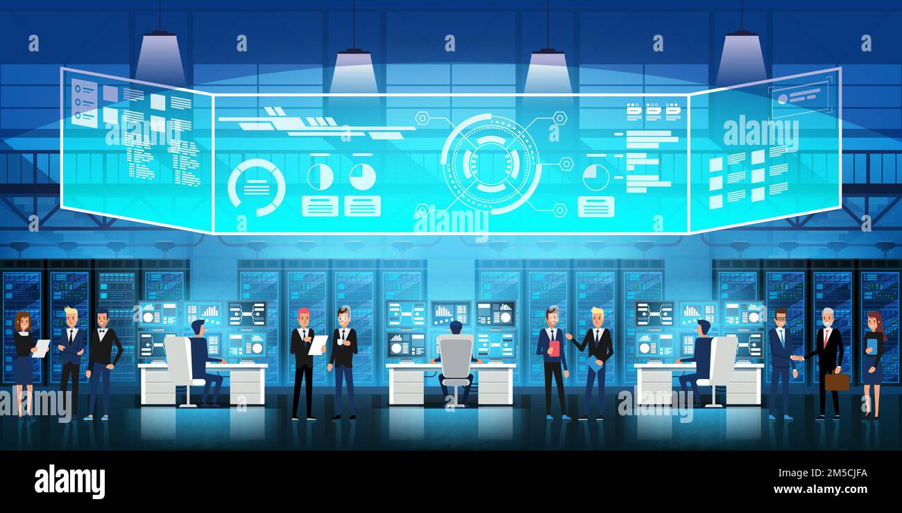 Cloud data center Server room with technical staff. Flowchart, racks of ...