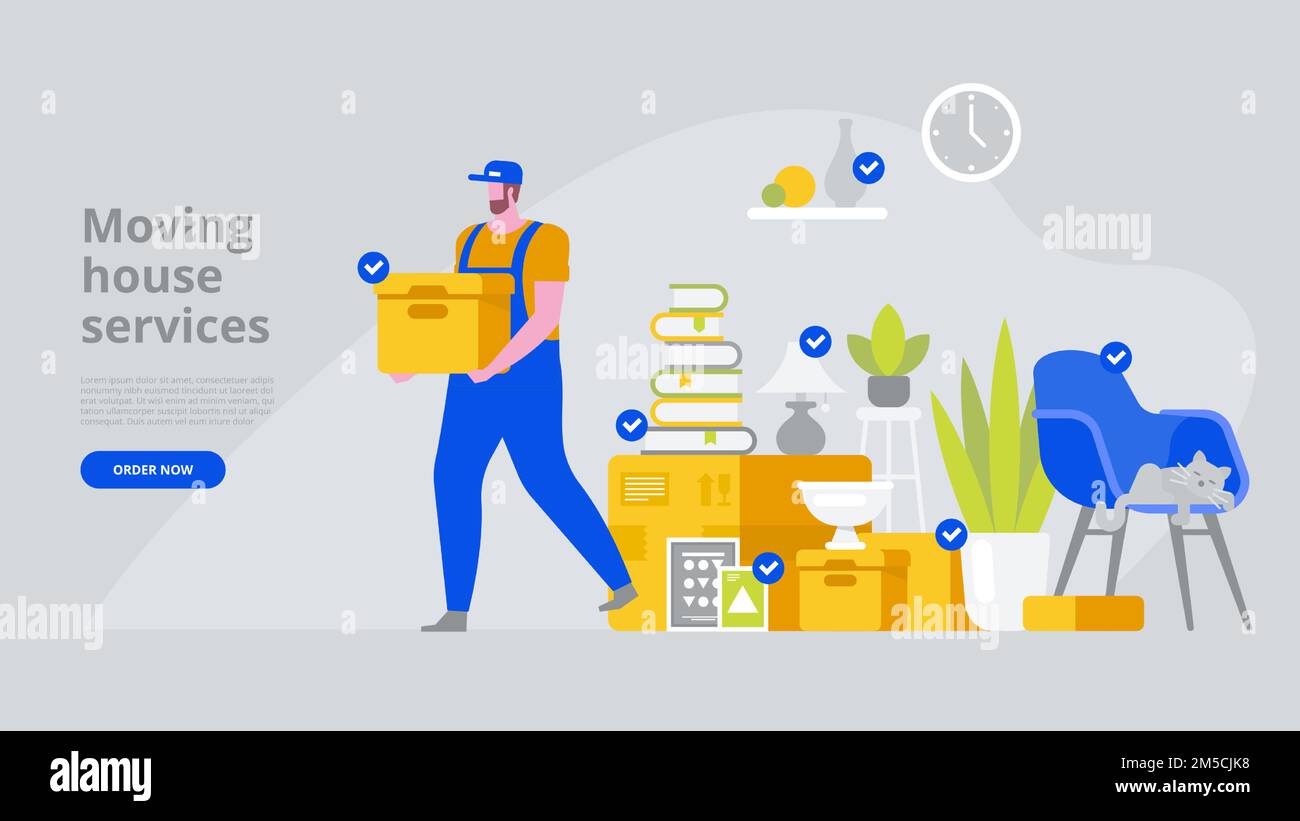 Man in uniform with cardboard boxes. Moving House. Vector flat style ...