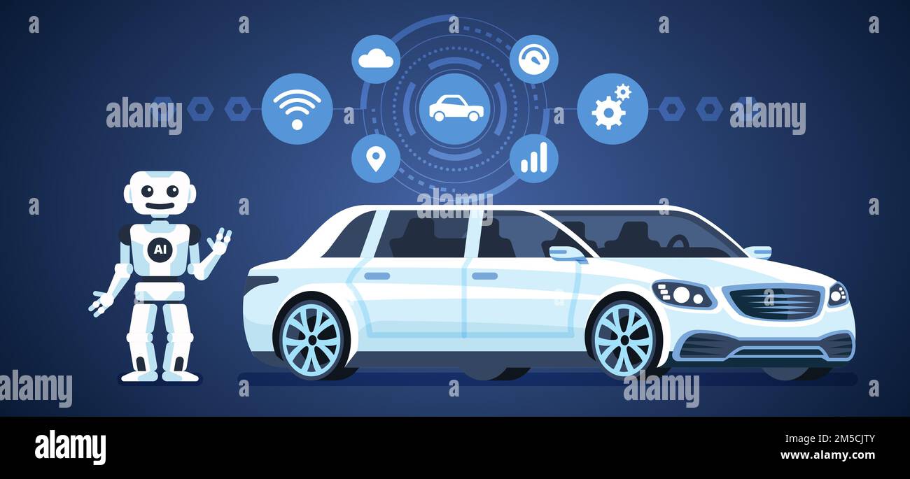 Autonomous car. Self-driving car with robot and icons. Artificial ...