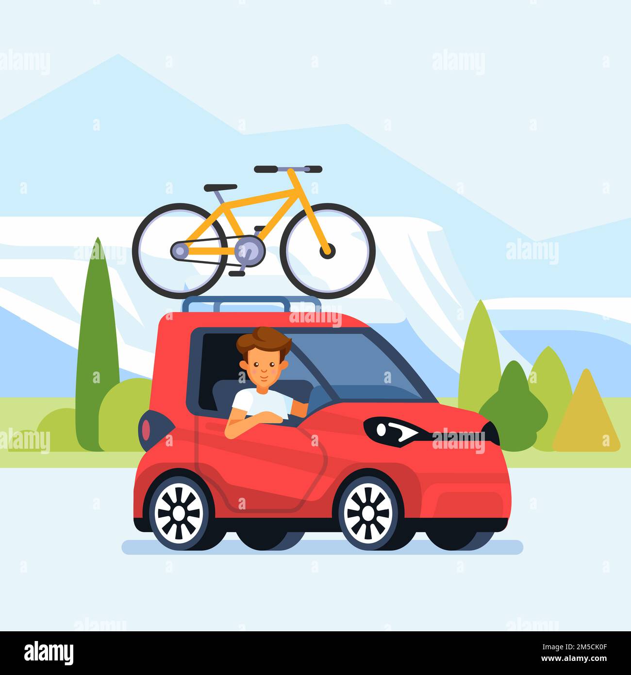 Modern car with bicycle mounted on the roof rack. Flat style vector ...
