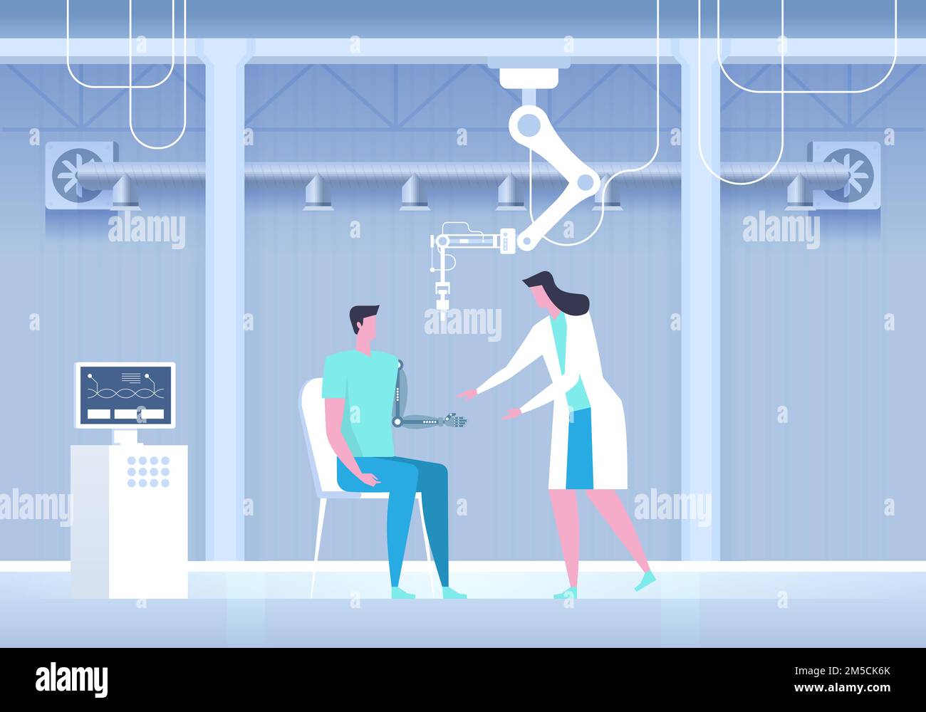 Man with bionic arm. Artificial hand. Science lab. Future medicine. Vector illustration Stock ...