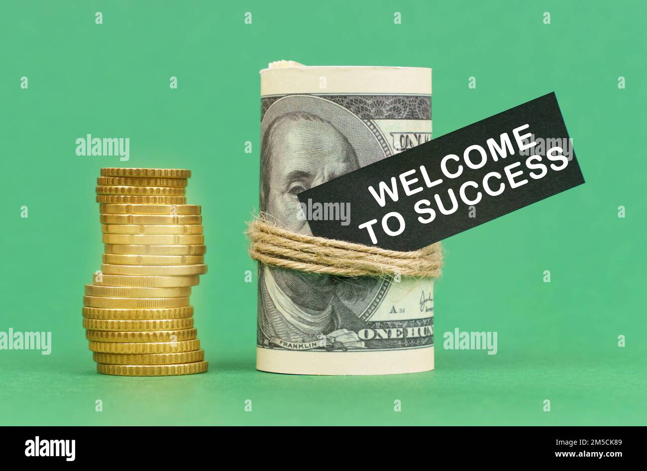 Business concept. On a green surface are coins and dollars in a bundle ...