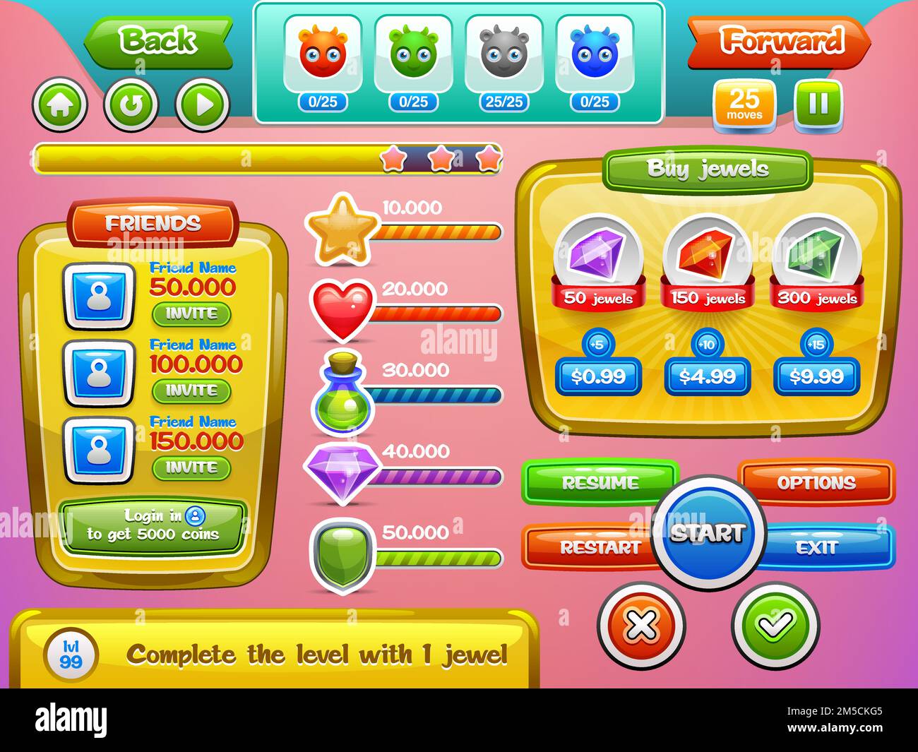Interface game design and buttons set for mobile games or apps. Vector ...