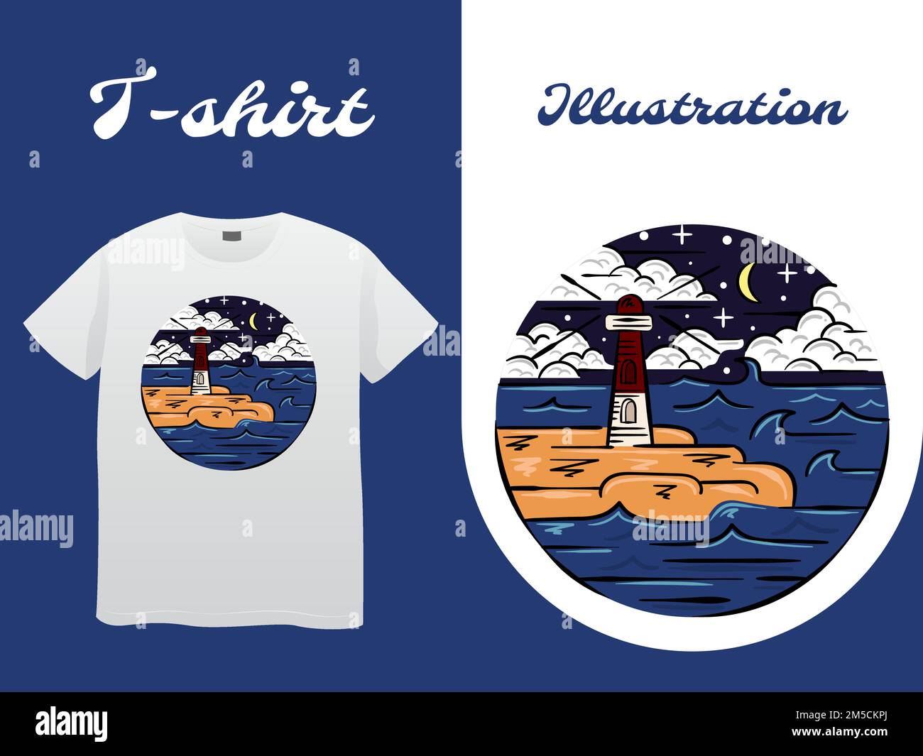 A vector illustration of a hand-drawn starry night on the ocean printed ...