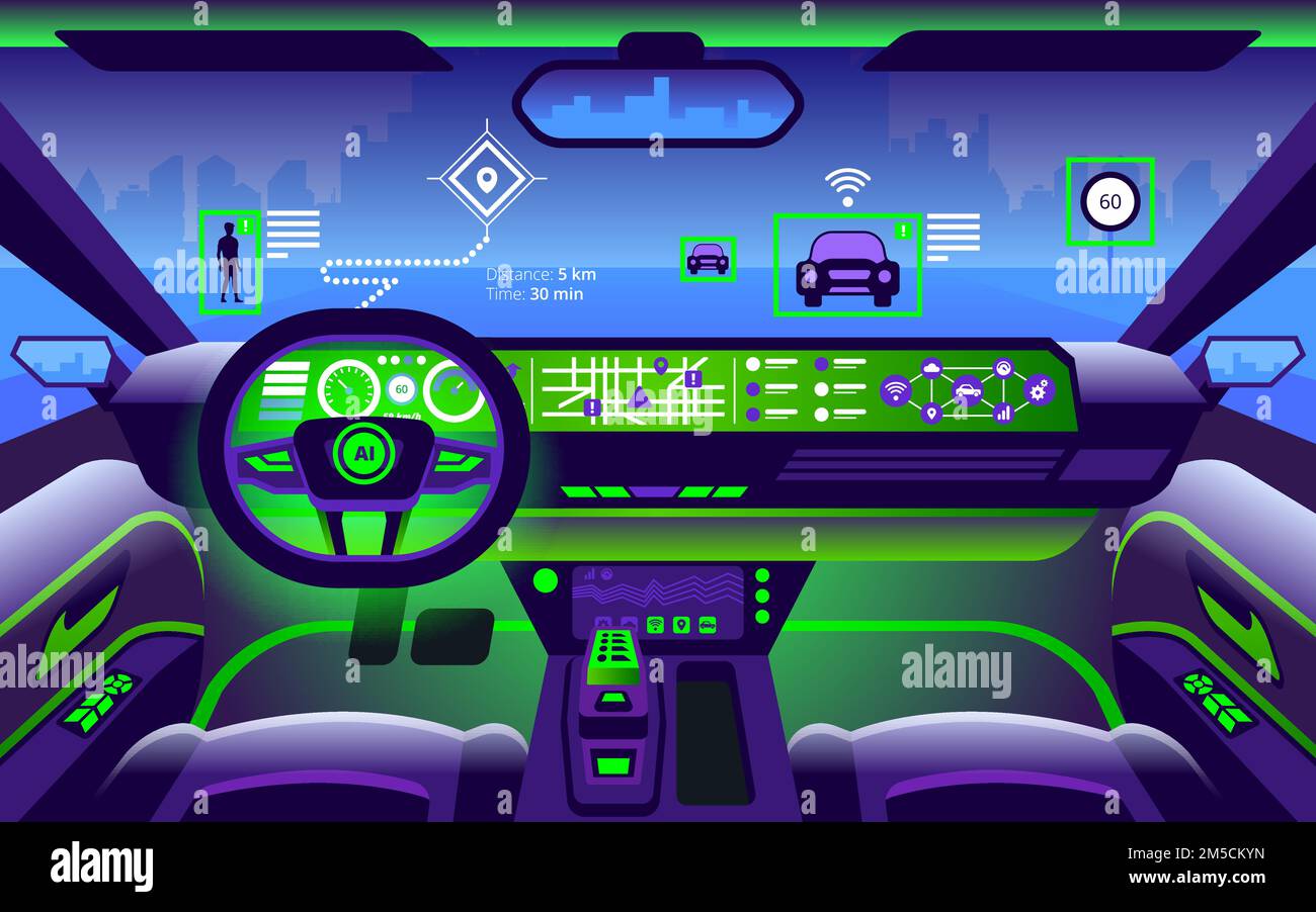Autonomous smart car interior. Self driving at city landscape. Display ...