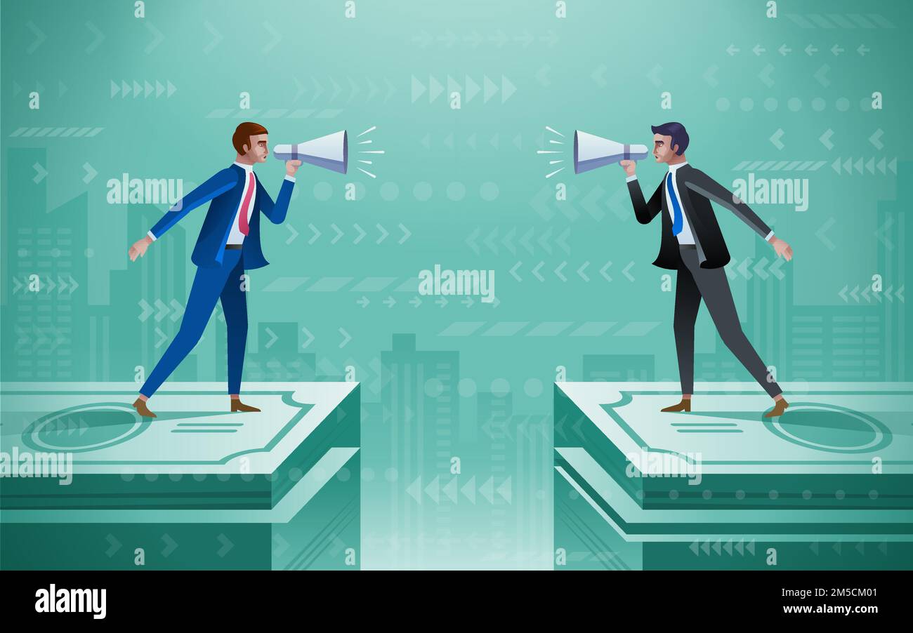 Business people with speakers standing on a bundles of money. Business ...