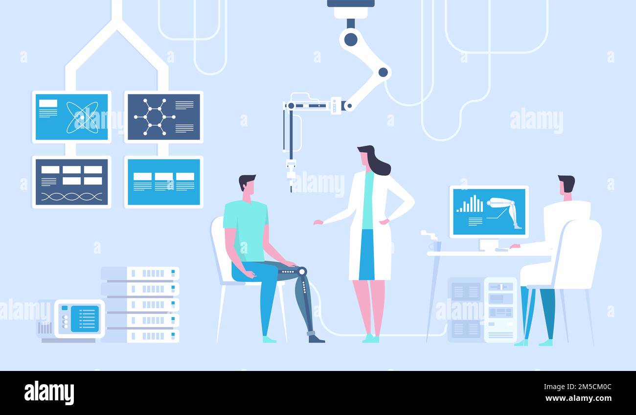 Science lab. Man with bionic leg as prothesis. Artificial foot. Future ...