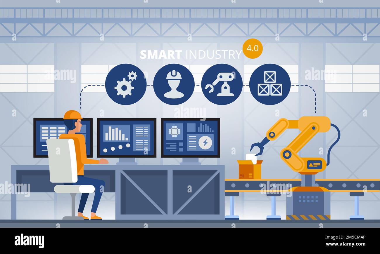 Industry 4.0 Smart factory concept. Workers, robot arms and assembly ...