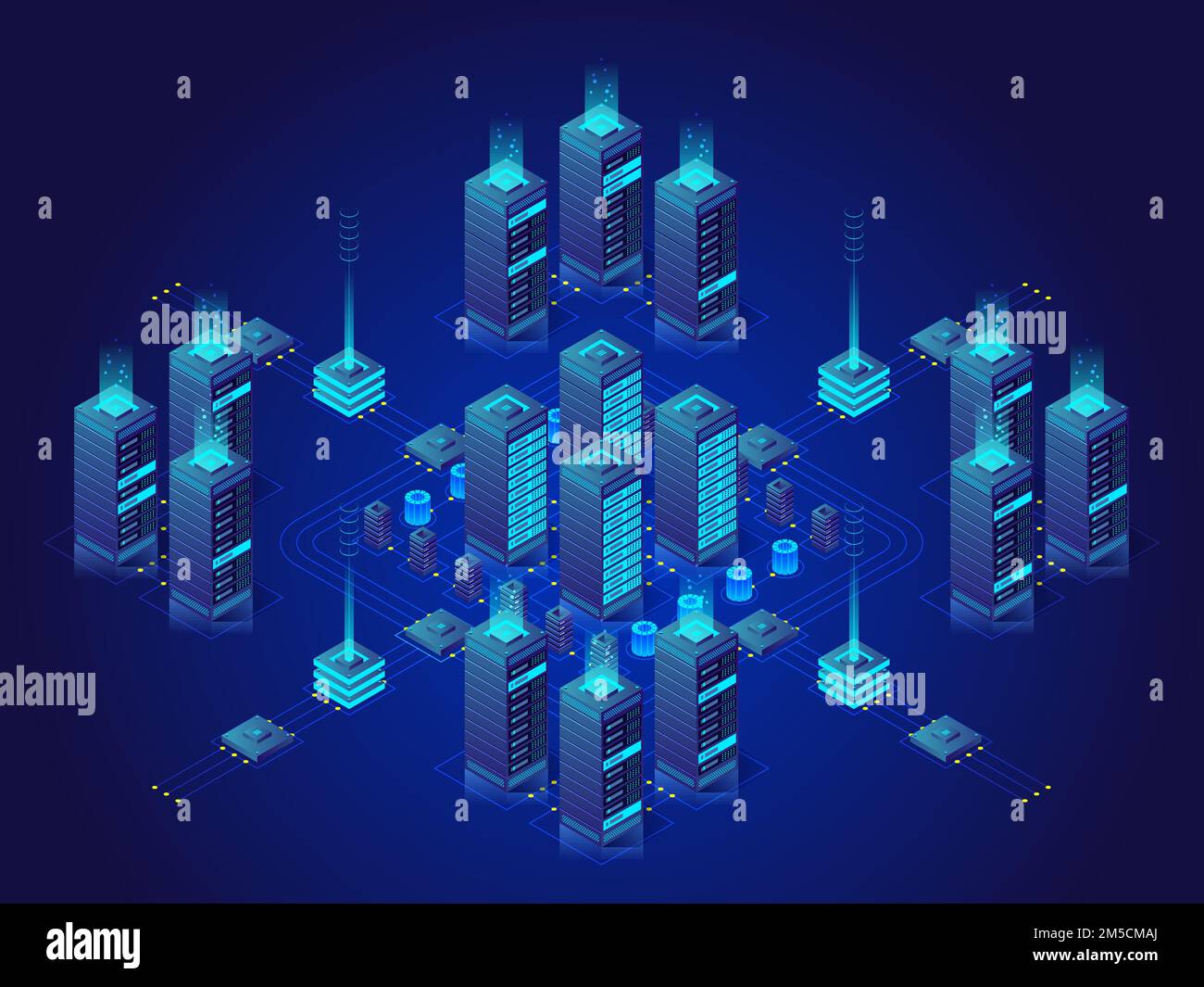Virtual server room. Abstract technology objects, cloud storage, data center networking and ...