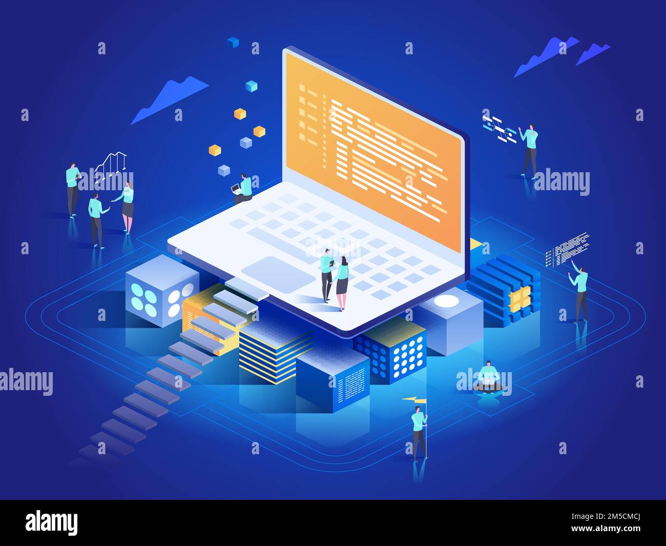 Software, web development, programming concept. People interacting with laptop, charts and ...