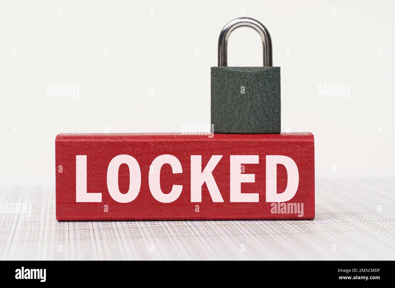 Business and security concept. On the reports there is a red block with ...