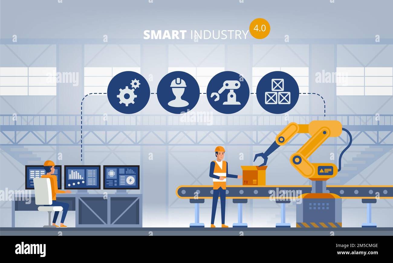 Industry 4.0 Smart factory concept. Workers, robot arms and assembly ...