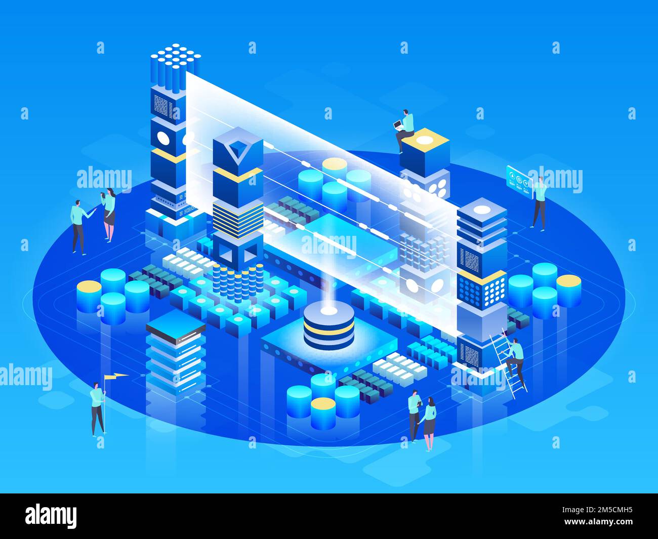 Isometric technology concept. Database Network Management. Big Data processing, energy station ...