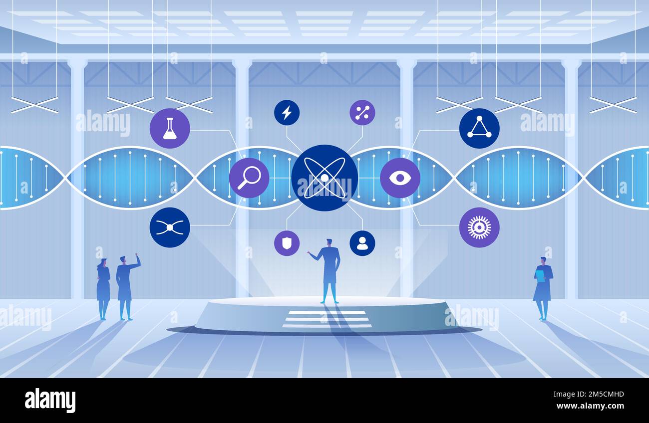 Science lab. Scientists man and woman conducting research in a lab. DNA ...