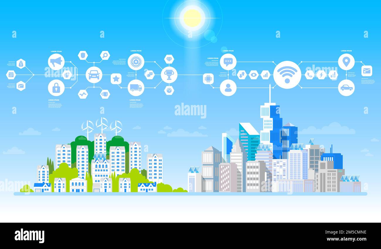 Concept city and suburban life. Urban landscape with large modern ...