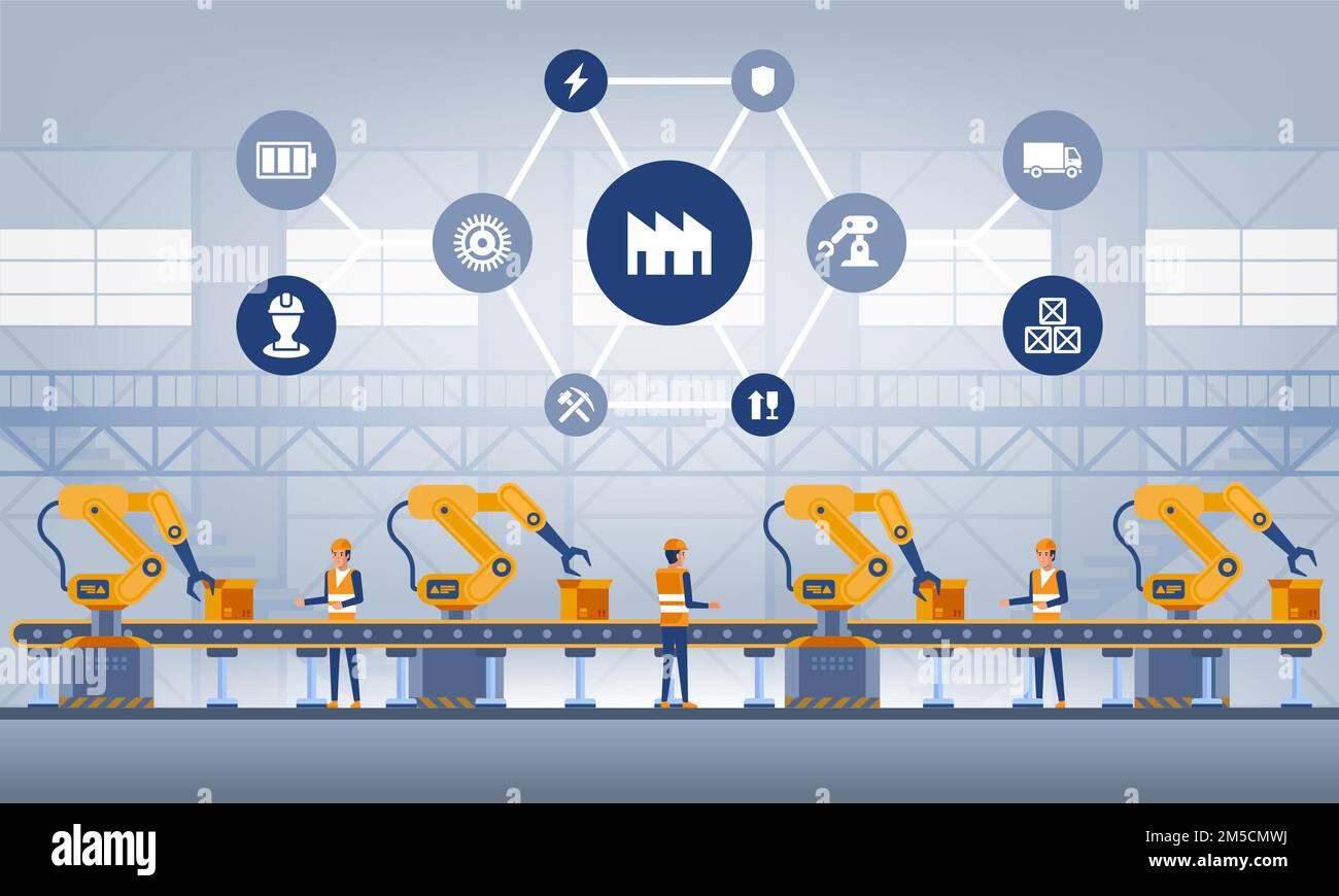 Industry 4.0 Smart factory concept. Workers, robot arms and assembly ...