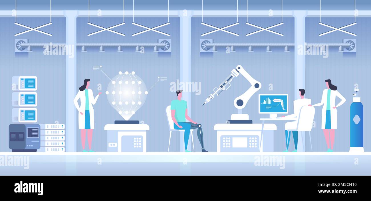Science lab. Man with bionic leg as prothesis. Artificial foot. Future ...
