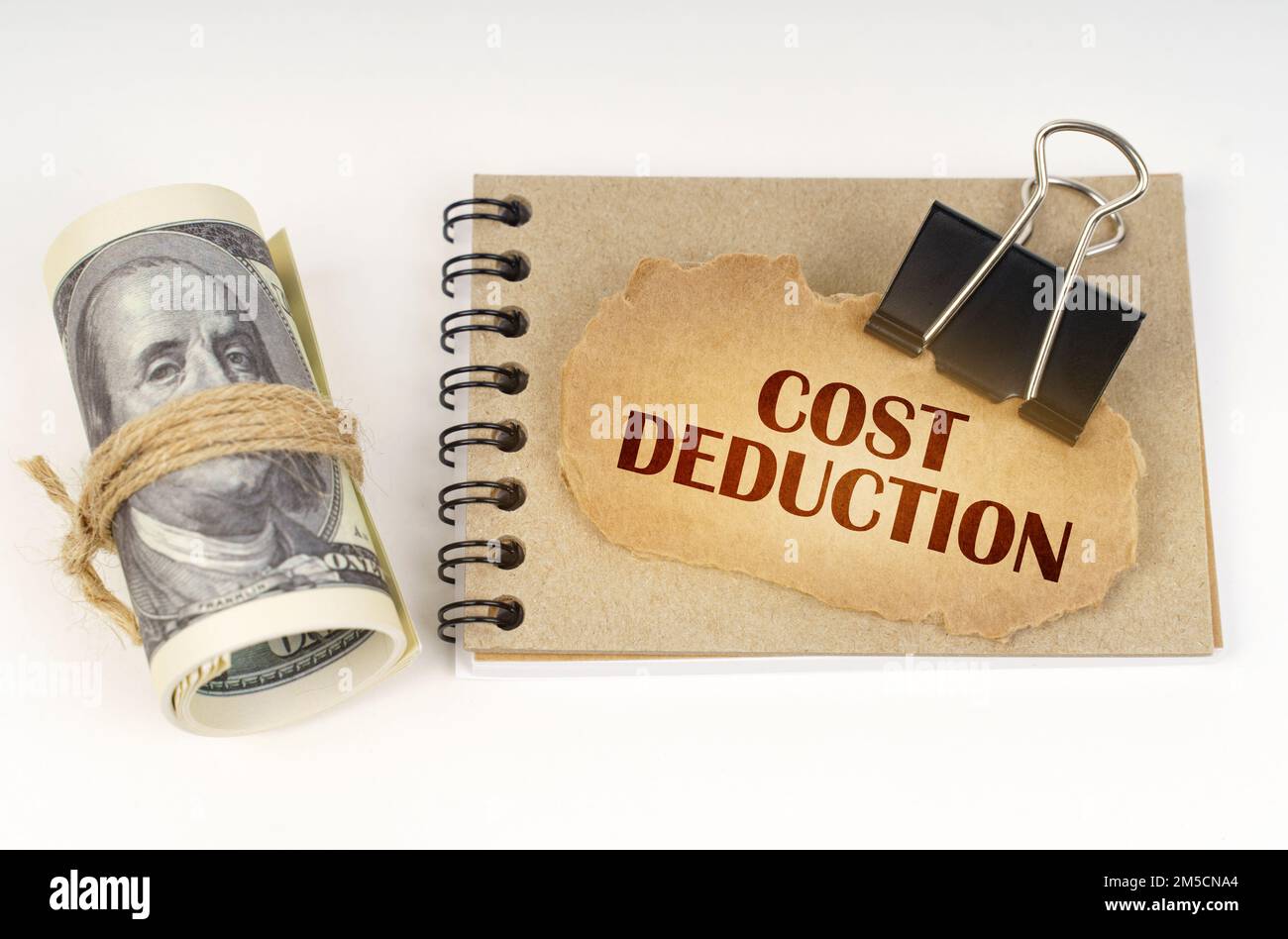 Business and finance concept. On a white surface are twisted dollars, a ...