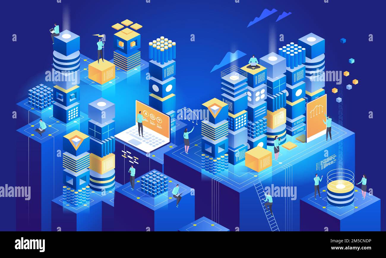 Technology isometric concept. Data network management. Blockchain cryptocurrency elements ...