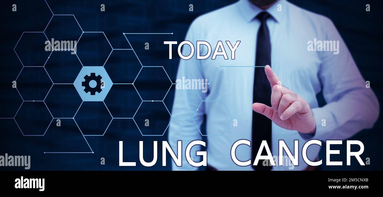 Hand writing sign Lung Cancer. Conceptual photo Uncontrolled growth of ...