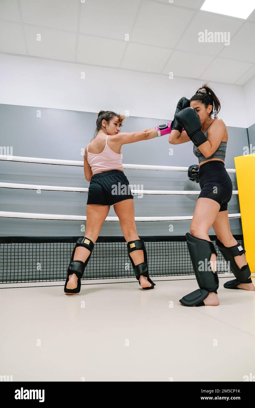 Female kickboxer punching while spinning to her partner in a boxing ...