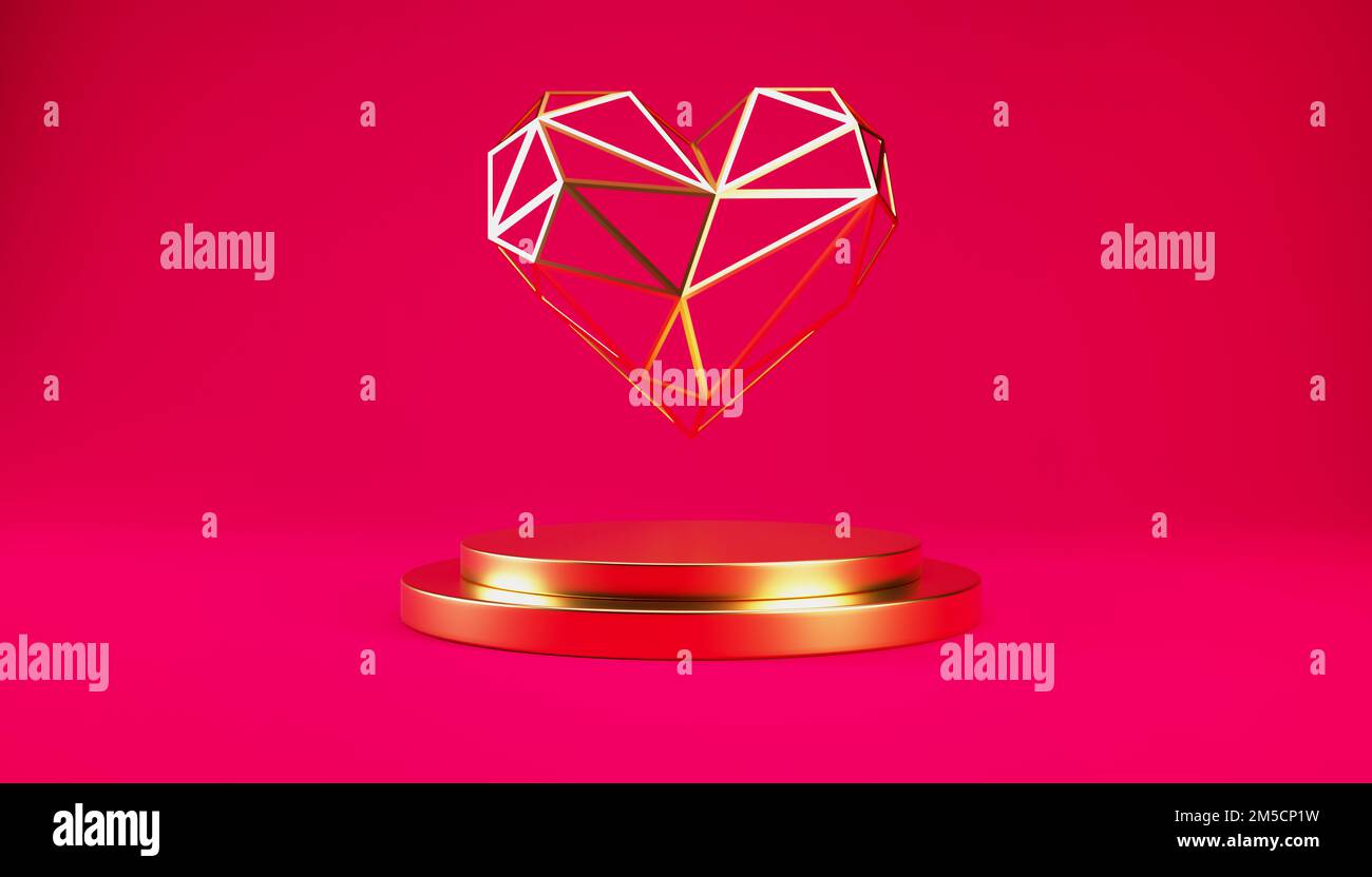 Valentine's day 3d golden podium with gold metal heart on red ...