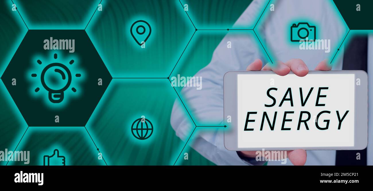 Text caption presenting Save Energy. Word for decreasing the amount of ...