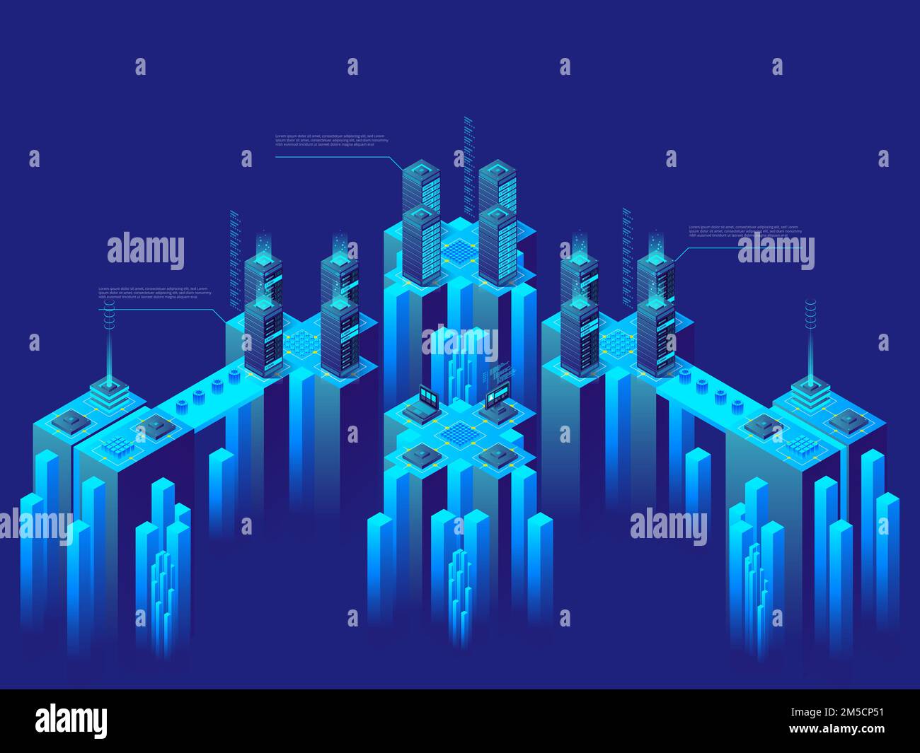 High technology concept. Supercomputer. Big data center. Networked computer servers ...