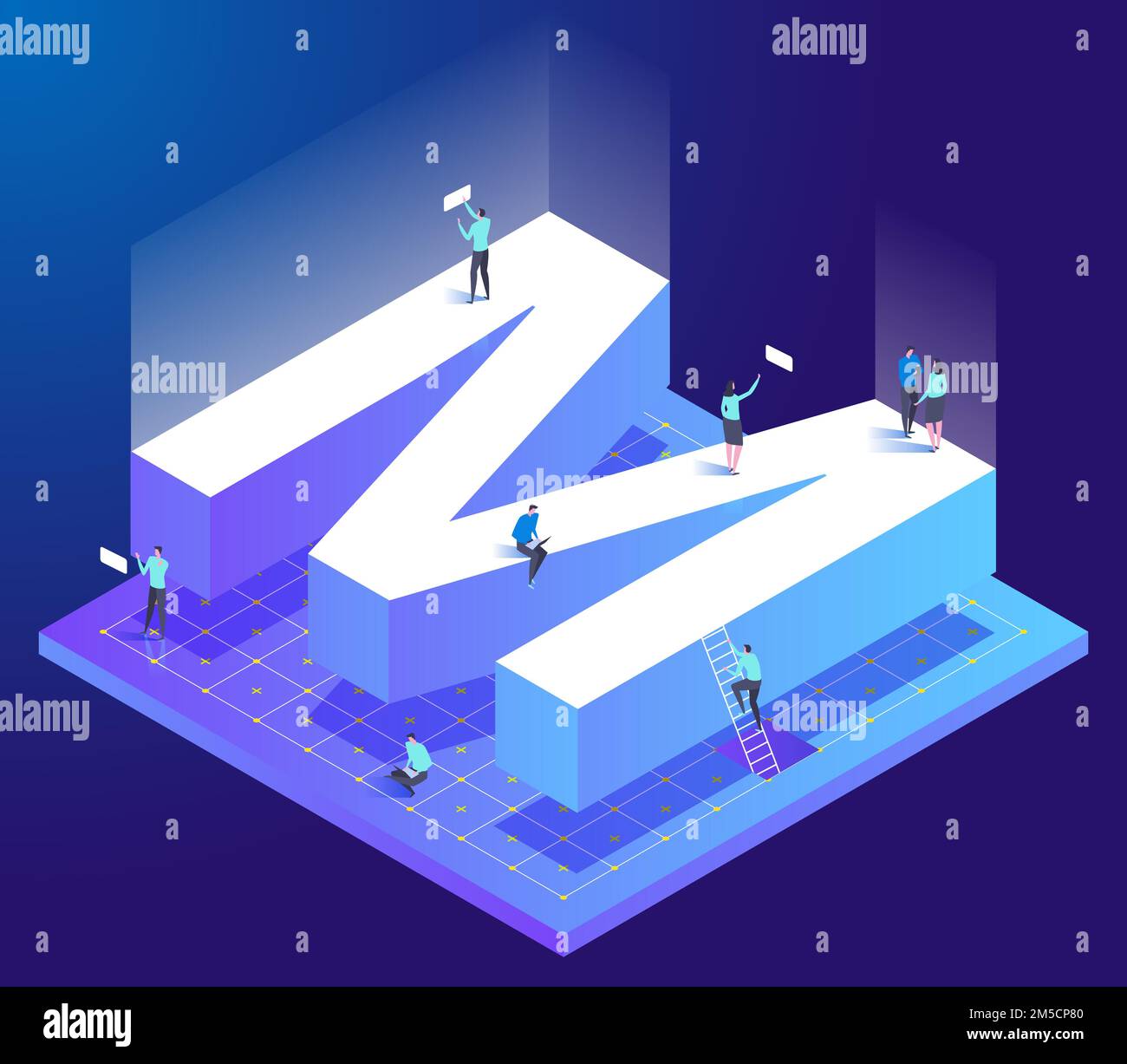 Isometric creative font. Letter M with small people. Design for ...