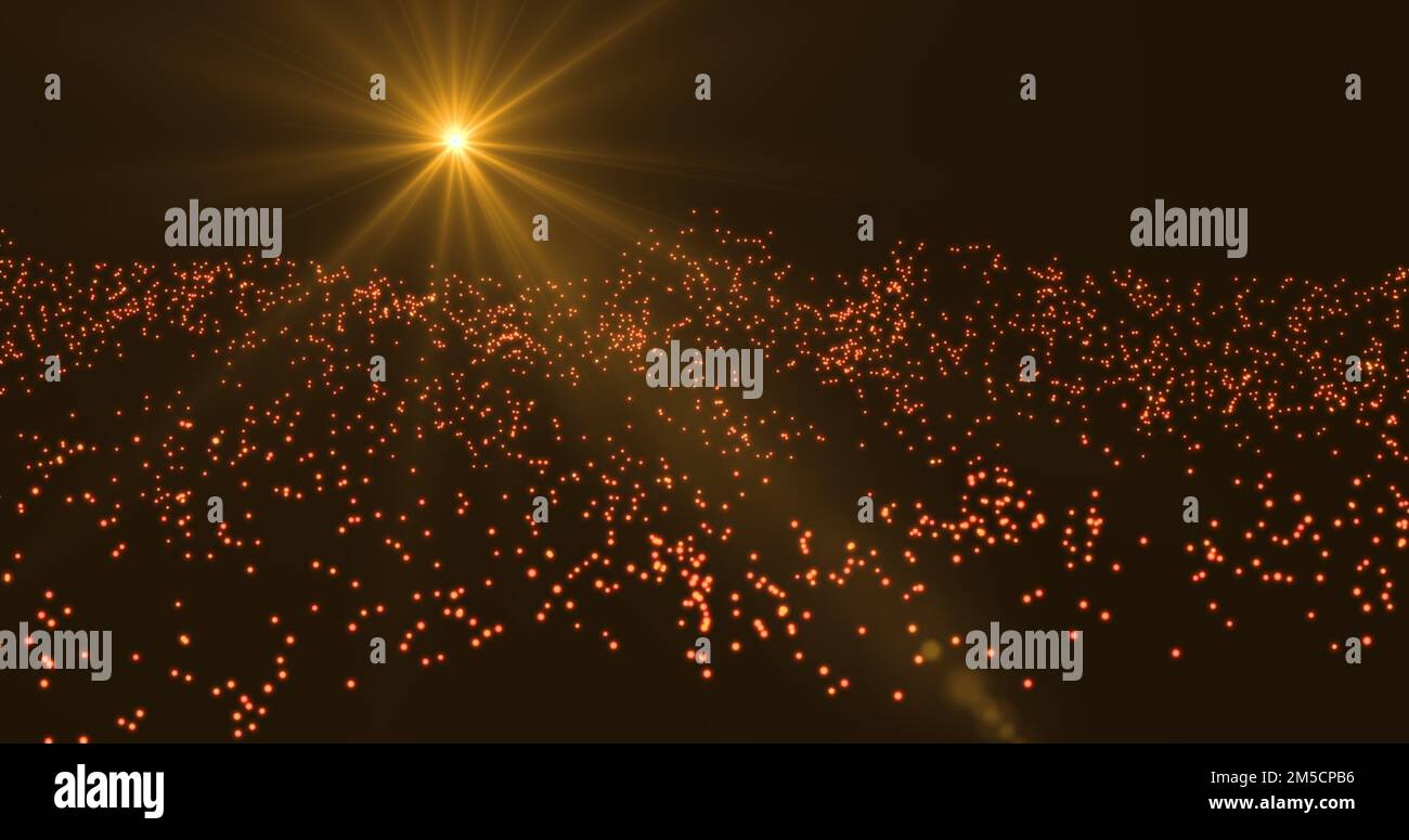 An agitated sea of particles. A yellow setting star casting rays and ...