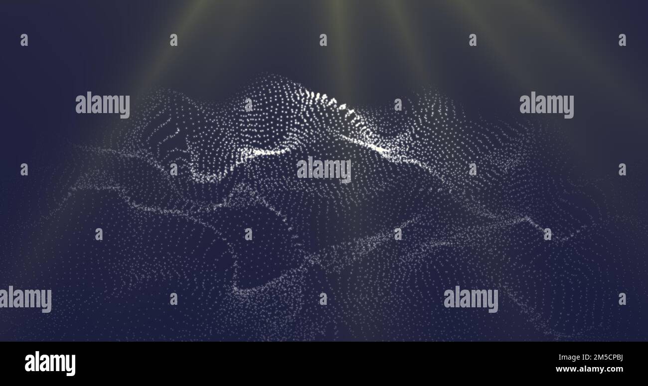 A shape-changing surface of white dots on a blue background in the rays ...