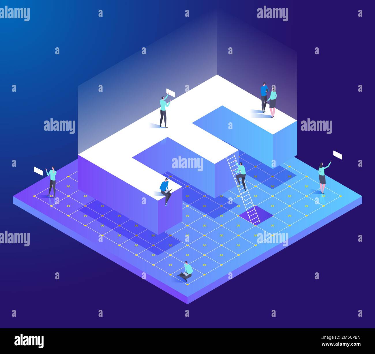 Isometric creative font. Letter E with small people. Design for ...