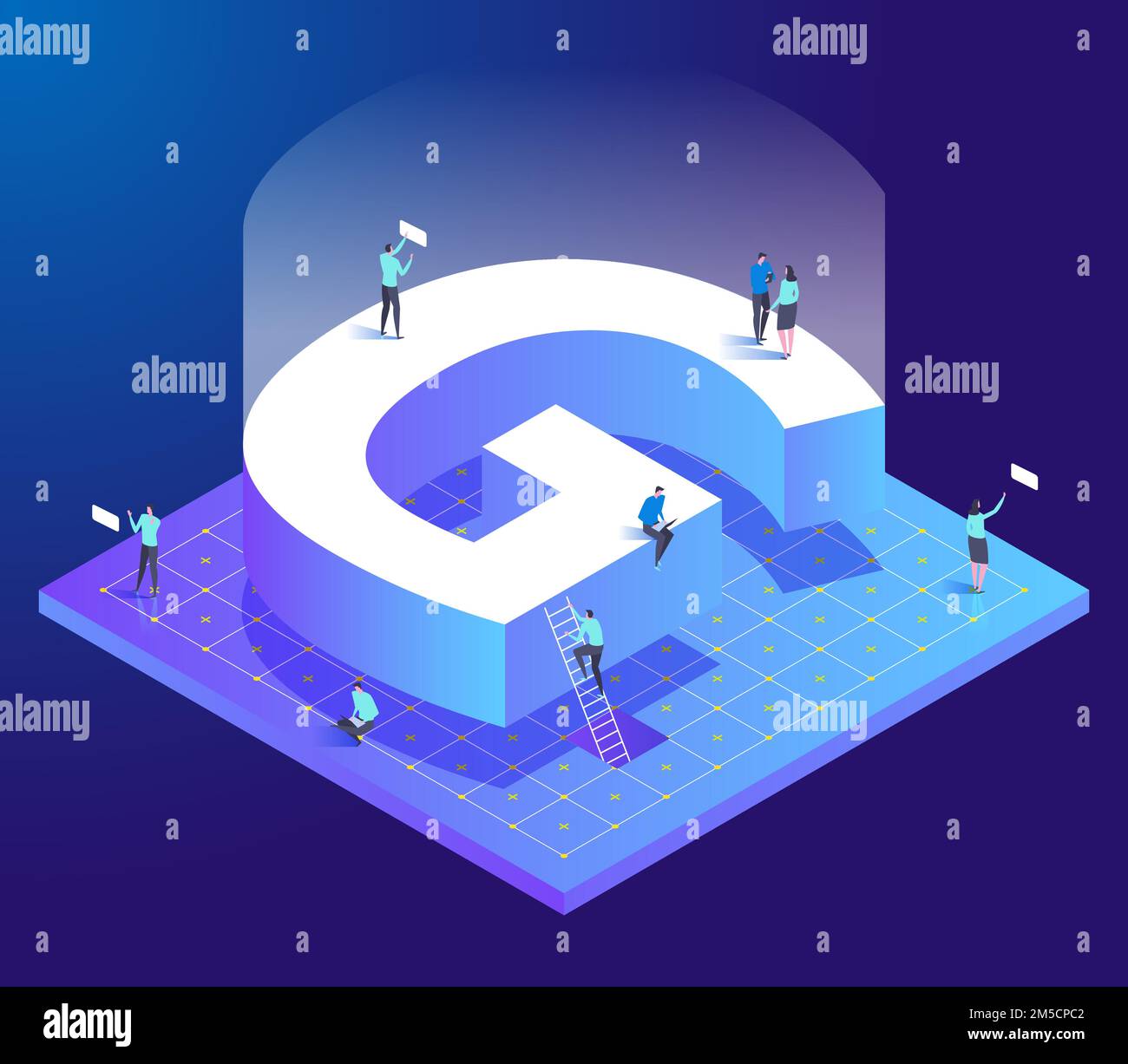 Isometric creative font. Letter G with small people. Design for ...