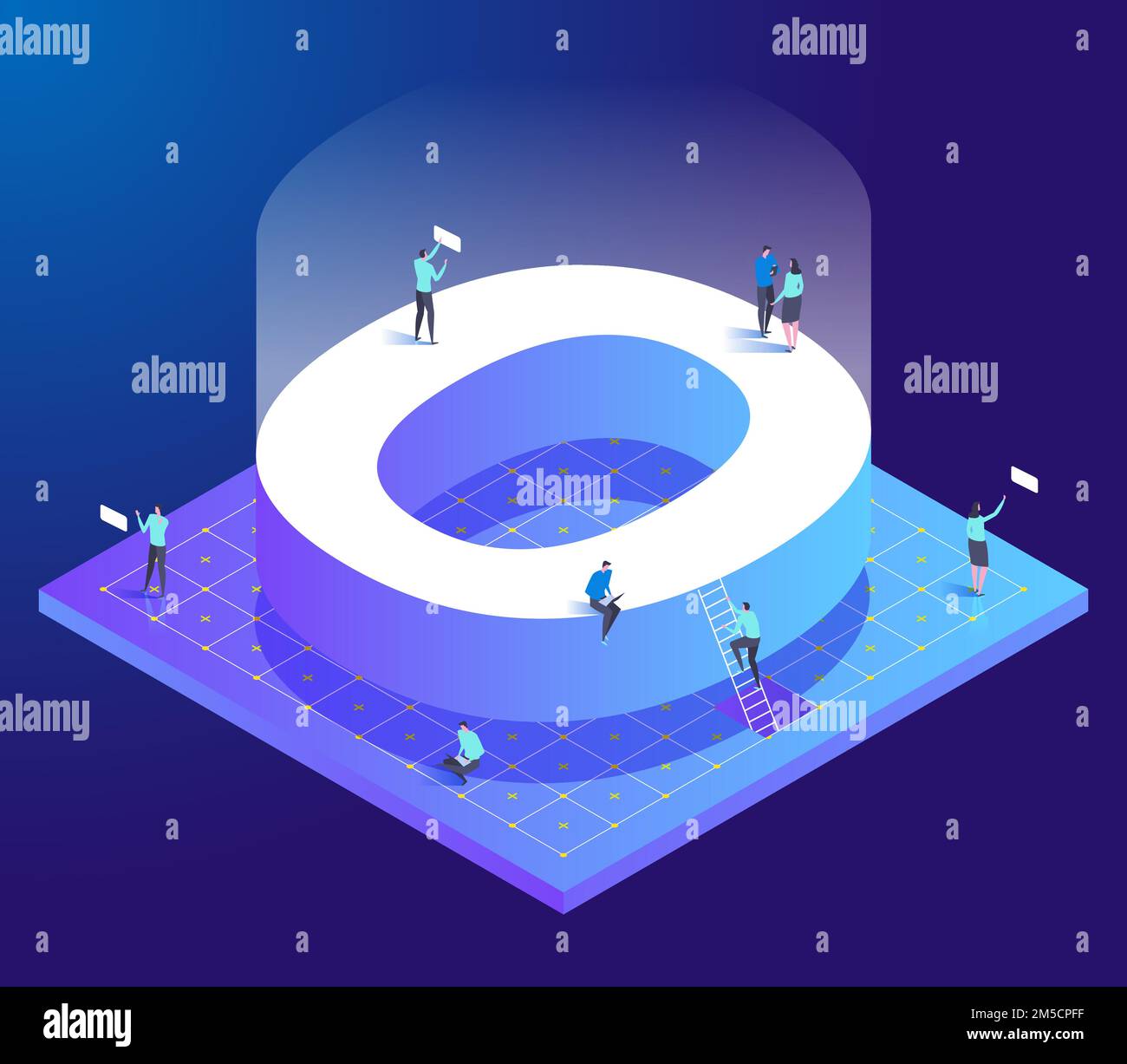 Isometric creative font. Letter O with small people. Design for ...