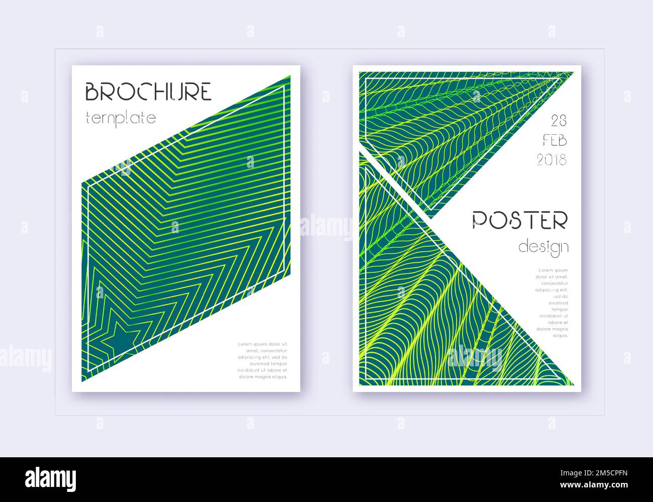 Triangle cover design template set. Green abstract lines on dark ...