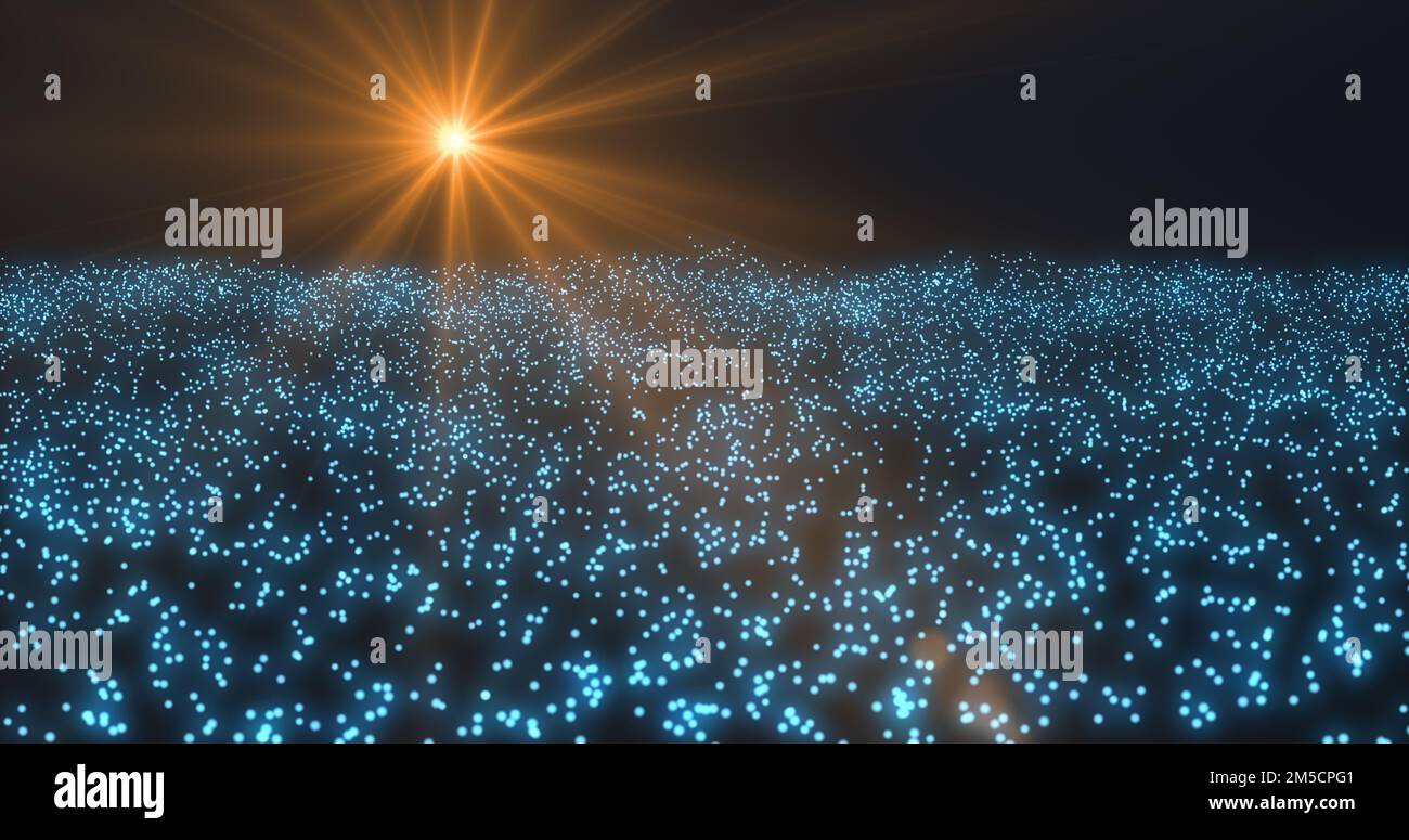 An agitated sea of particles. A yellow setting star casting rays and ...