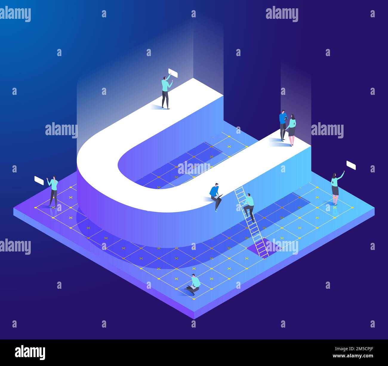 Isometric creative font. Letter U with small people. Design for ...