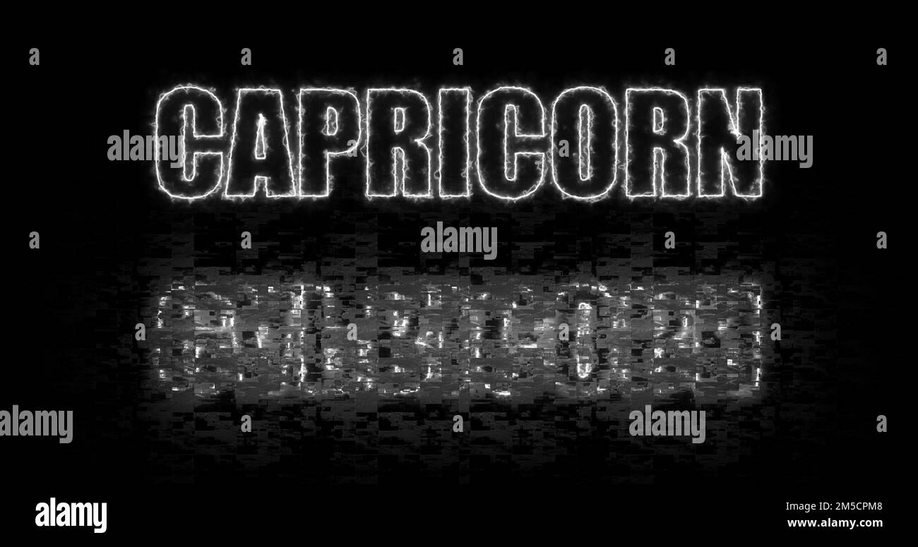 Capricorn The Name Of The Zodiac Sign On A Black Background Colored Text Reflected In An