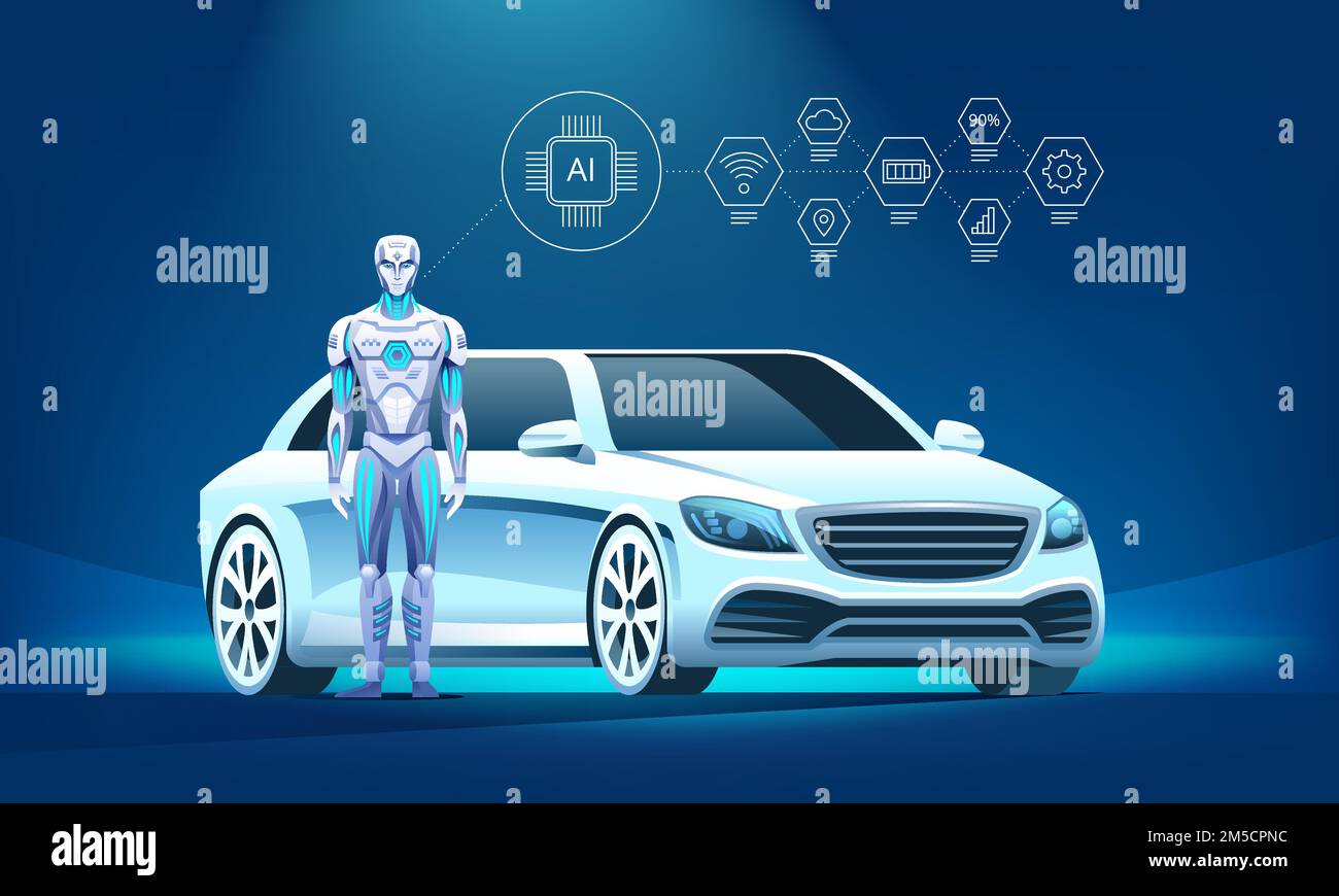 Autonomous luxury vehicle with robot and infographic icons Stock Vector ...