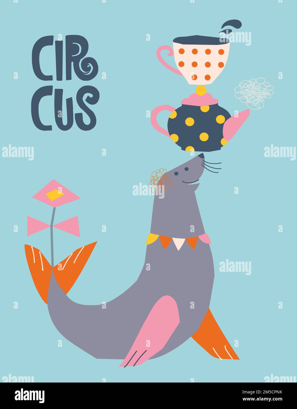 poster for a cafe where a circus seal balances kettles and cup Stock ...
