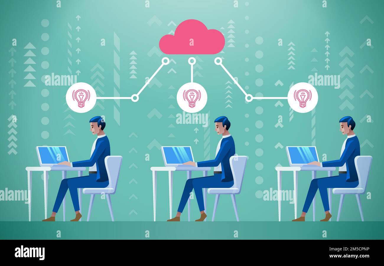 Group of employees connected to a collective large cloud of idea ...