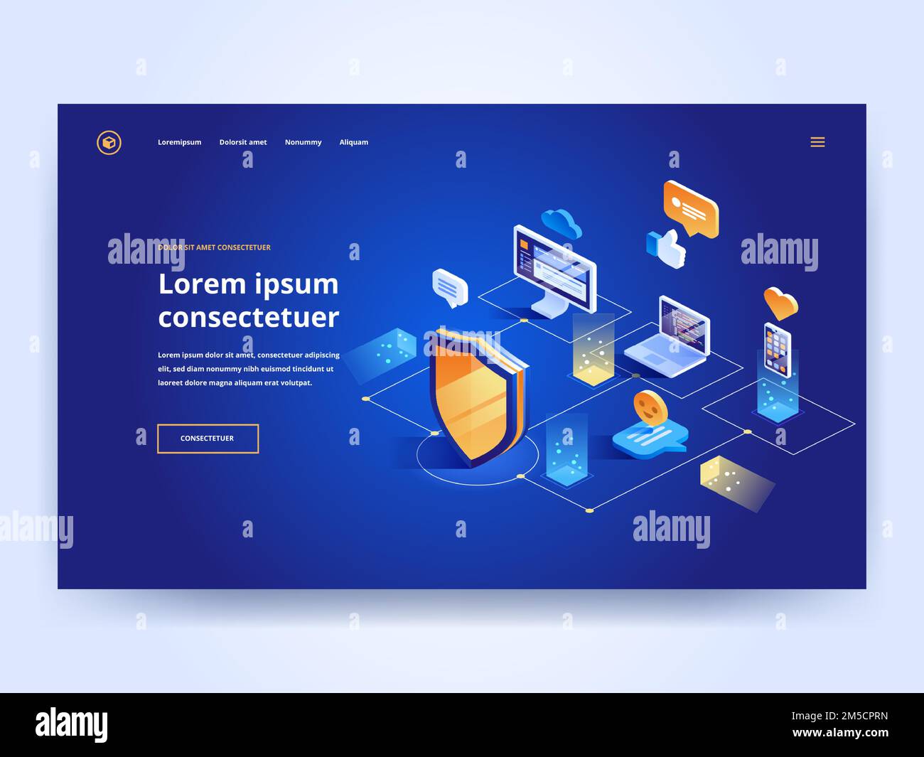 Isometric Security Data Protection concept. Server Pc monitor Tablet Phone Laptop in Cloud ...